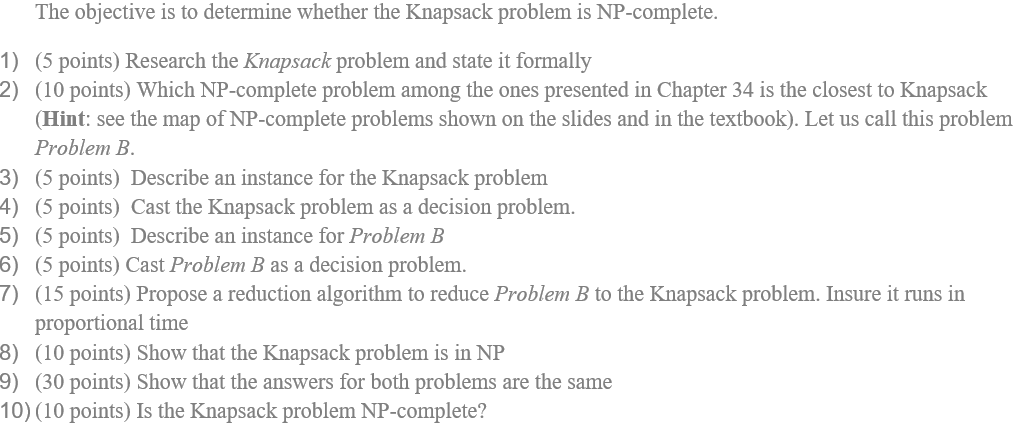 The objective is to determine whether the Knapsack | Chegg.com