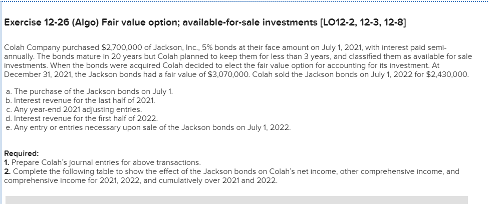Solved Exercise 12-26 (Algo) Fair value option; | Chegg.com