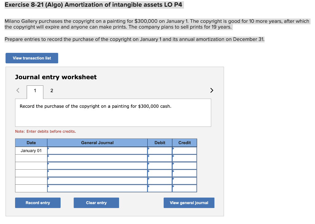Solved Exercise 8-21 (Algo) Amortization of intangible | Chegg.com