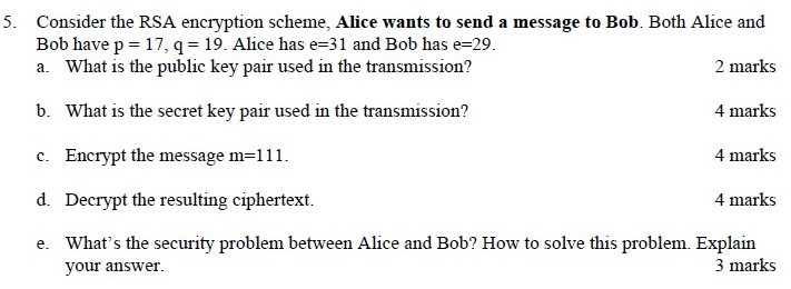 Solved 5. Consider the RSA encryption scheme, Alice wants to | Chegg.com