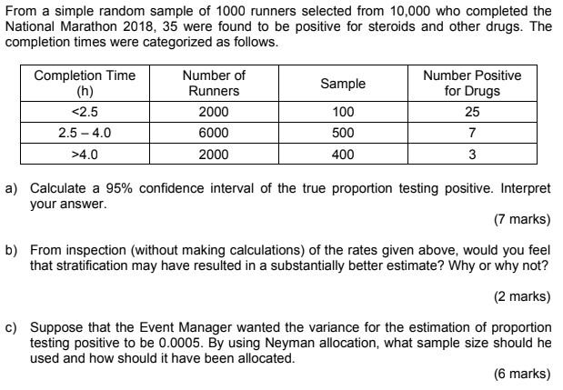 From a simple random sample of 1000 runners selected | Chegg.com