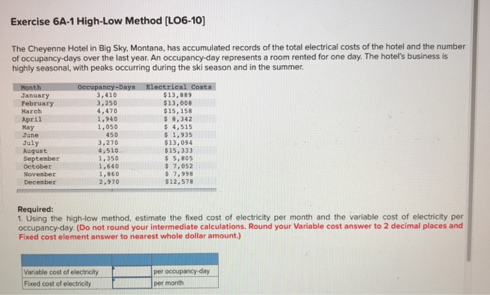 Solved Exercise 6A-1 High-Low Method [LO6-10] The Cheyenne | Chegg.com