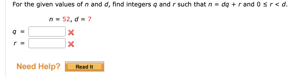 Solved For the given values of n and d, find integers q and | Chegg.com