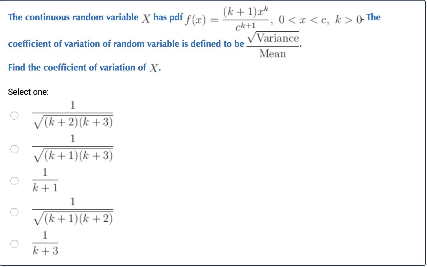 Solved The continuous random variable X has pdf f(c) (k+1)x^ | Chegg.com