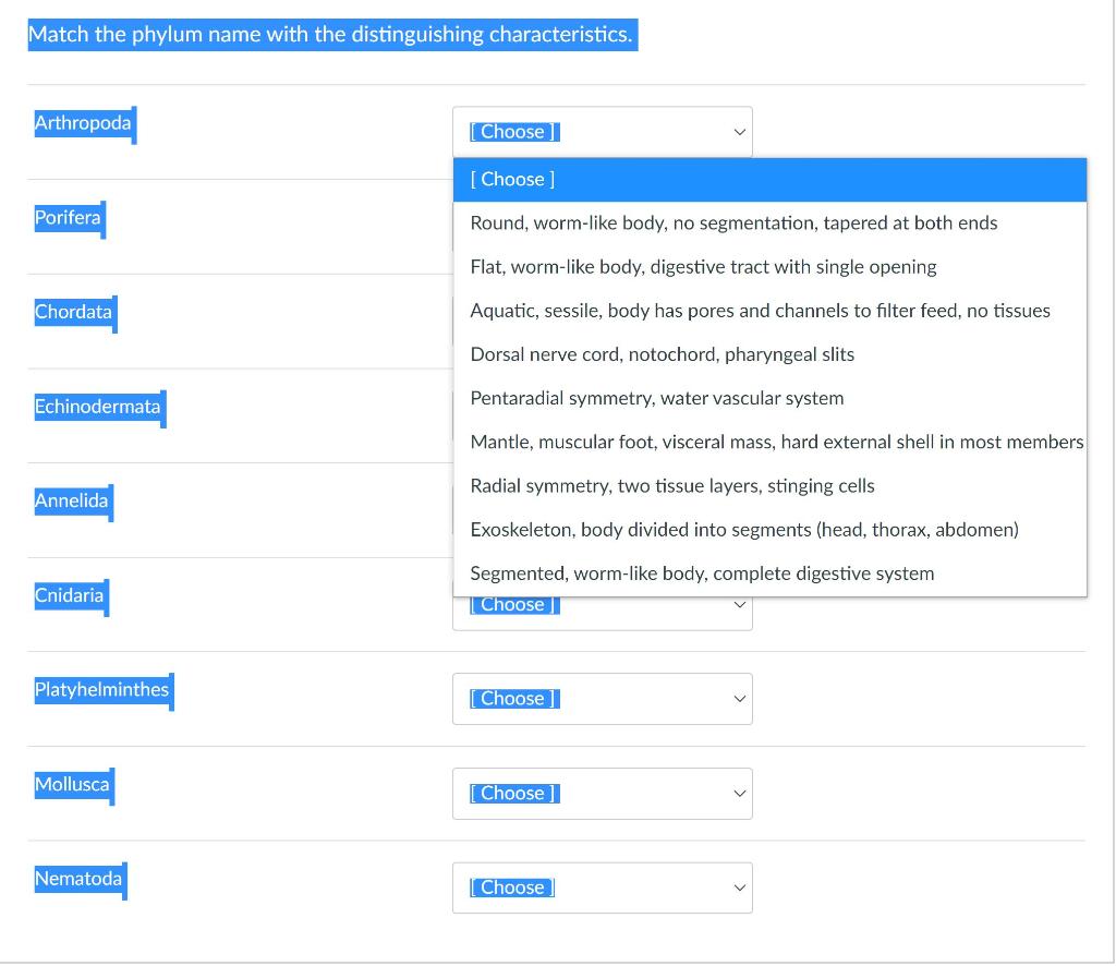 Solved Match the phylum name with the distinguishing | Chegg.com