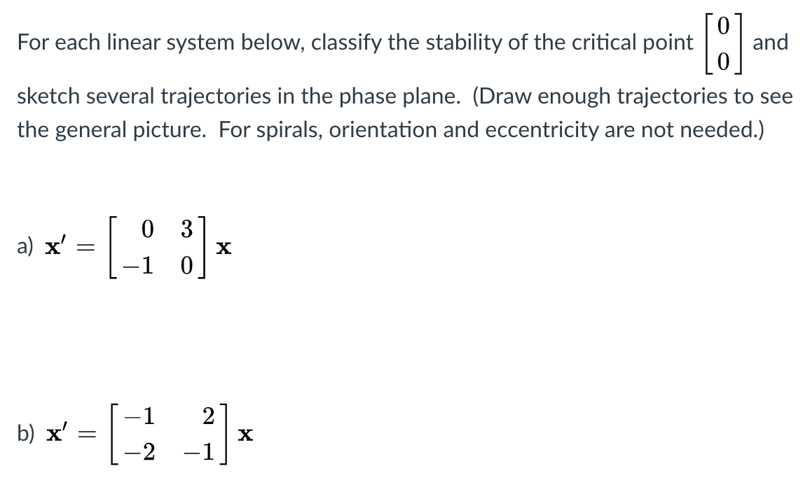 Solved For each linear system below, classify the stability | Chegg.com