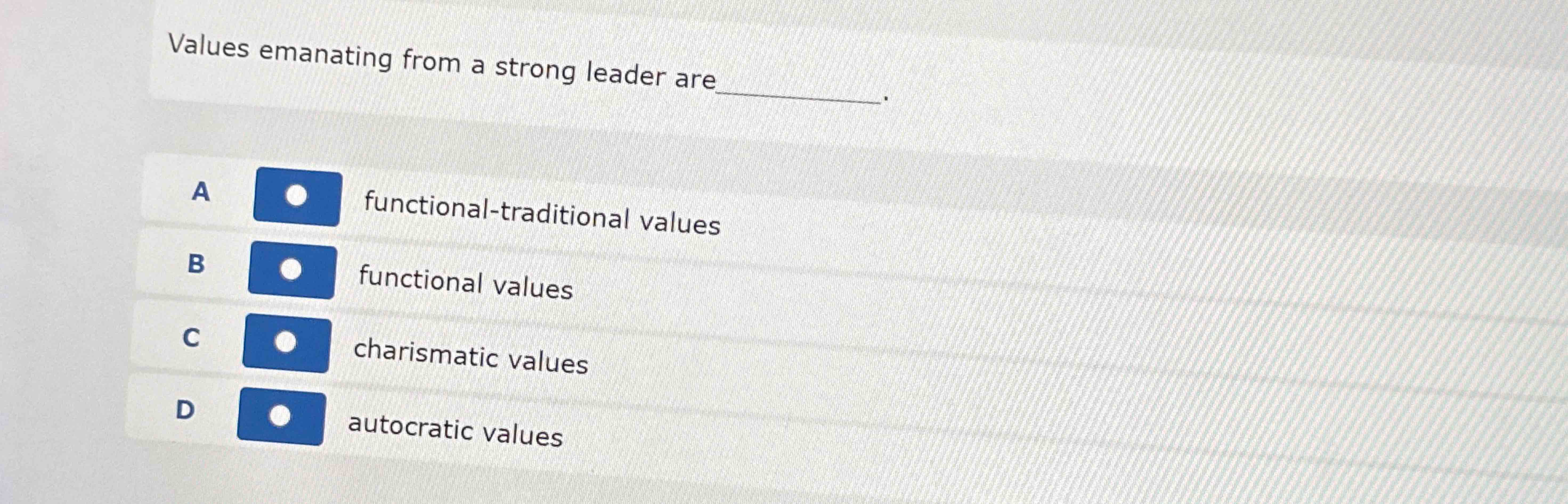 Solved Values emanating from a strong leader | Chegg.com