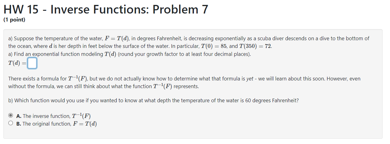 Solved HW 15 - Inverse Functions: Problem 7 (1 point) a) | Chegg.com