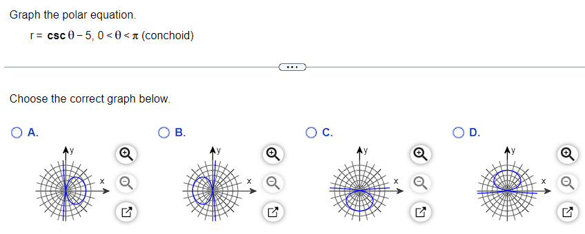 Solved Graph the polar equation. r=cscθ−5,0