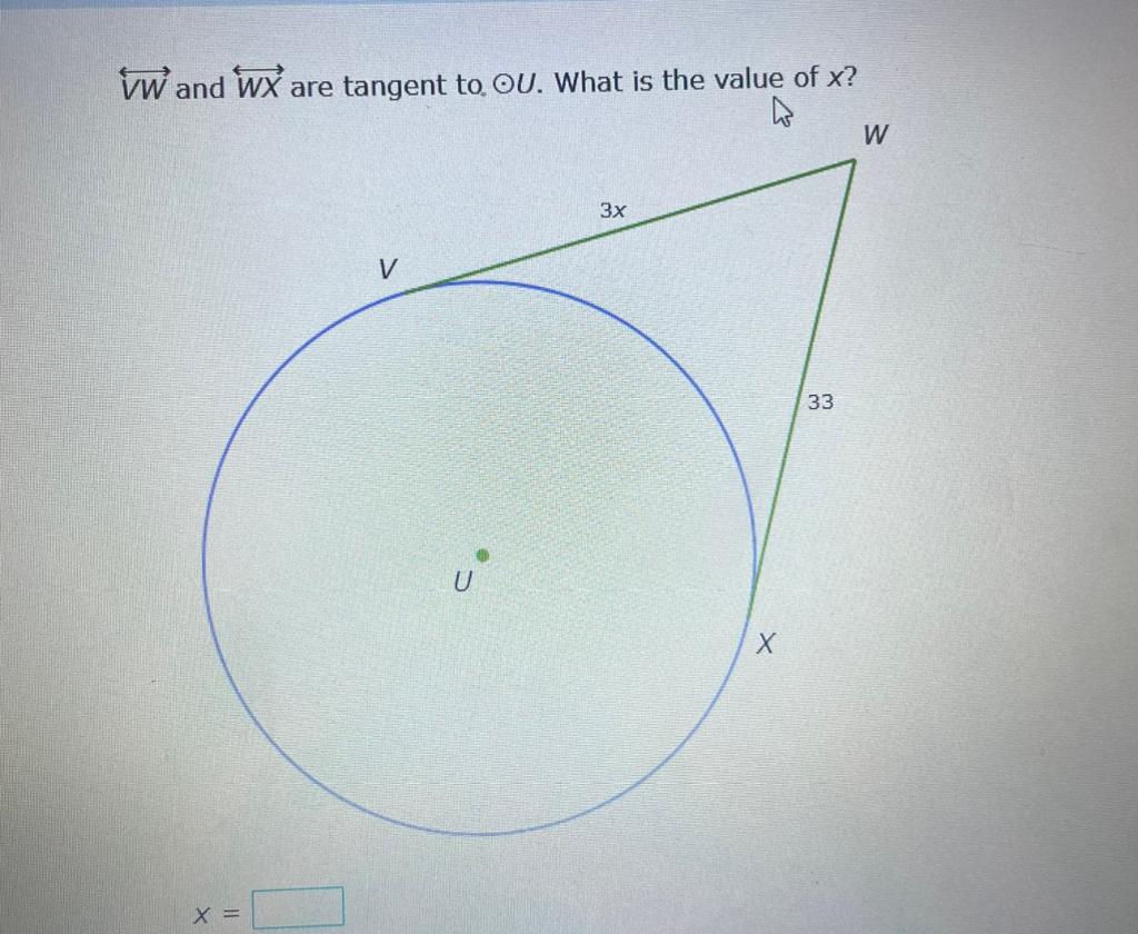Solved VW and Wx are tangent to. ⊙U. What is the value of x? | Chegg.com