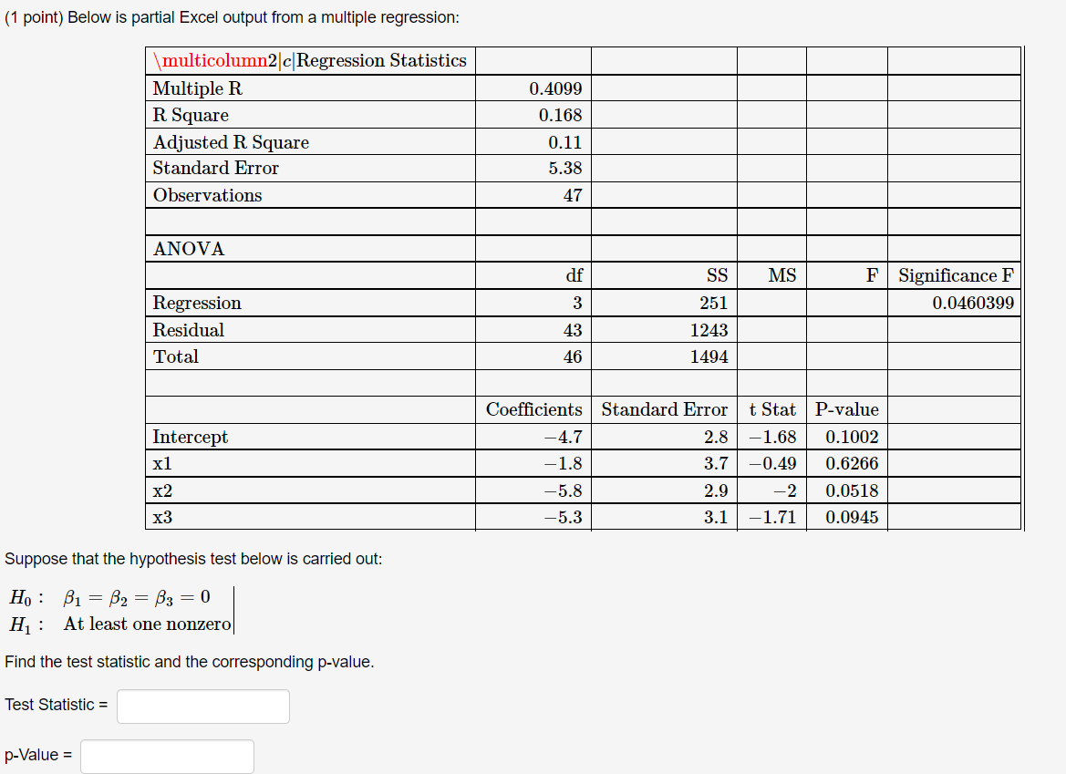 Solved 1 Point Below Is Partial Excel Output From A