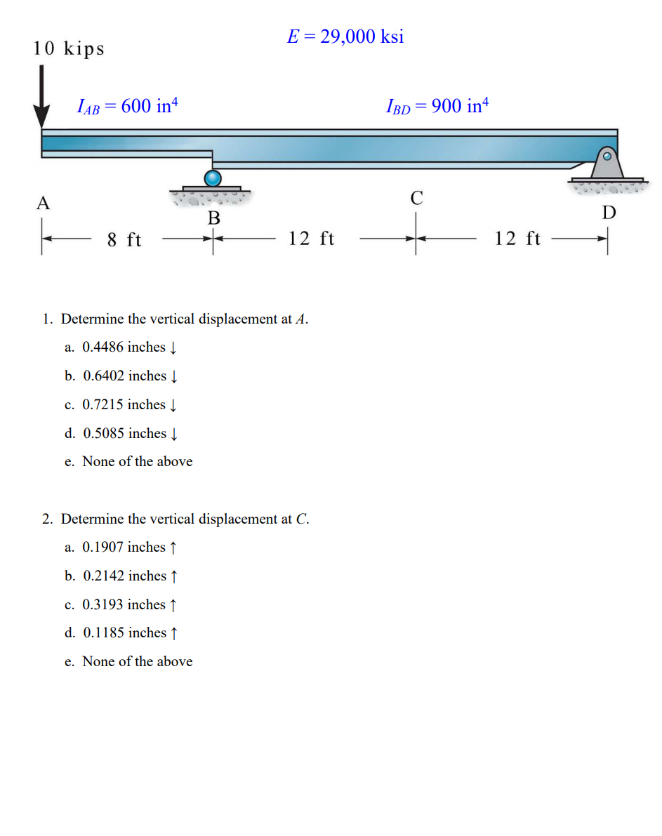 Solved 10 kips E = 29,000 ksi = LAB 600 in4 IBD = 900 in4 = | Chegg.com