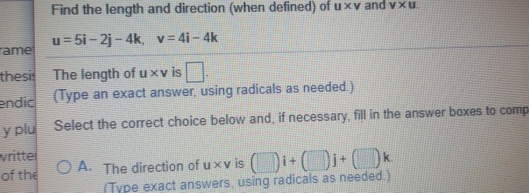 Solved Find the length and direction (when defined) of u xv | Chegg.com