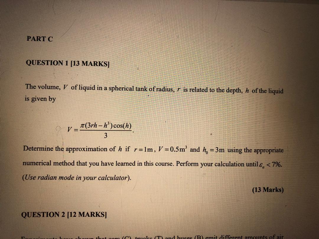Solved PART C QUESTION 1 [13 MARKS] The volume, V of liquid | Chegg.com