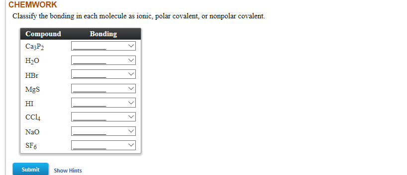 Solved CHEMWORK Classify the bonding in each molecule as | Chegg.com