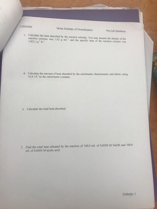 CHEM20 Molar Enthalpy of Neutralization Pre-Lab | Chegg.com