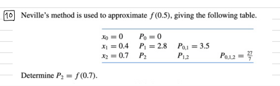 Solved 10 Neville's method is used to approximate f (0.5), | Chegg.com