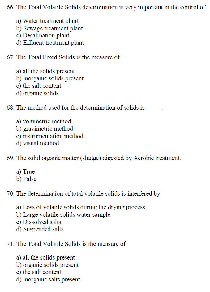Solved 66. The Total Volatile Solids determination is very | Chegg.com