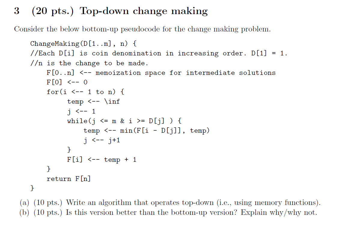 Solved 3 (20 pts.) Top-down change making Consider the below | Chegg.com