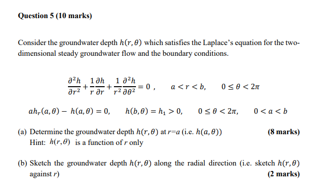 Solved Question 5 (10 ﻿marks)Consider the groundwater depth | Chegg.com