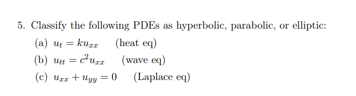 Solved 5. Classify the following PDEs as hyperbolic, | Chegg.com