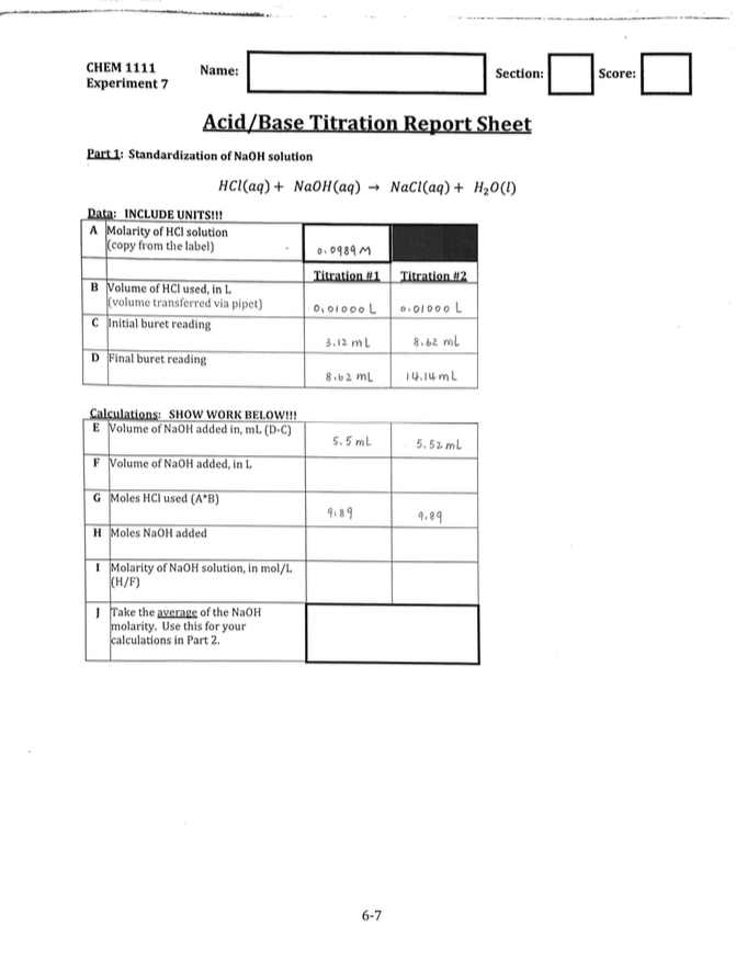 Solved CHEM 1111 Experiment 7 Name: Section: Score: | Chegg.com