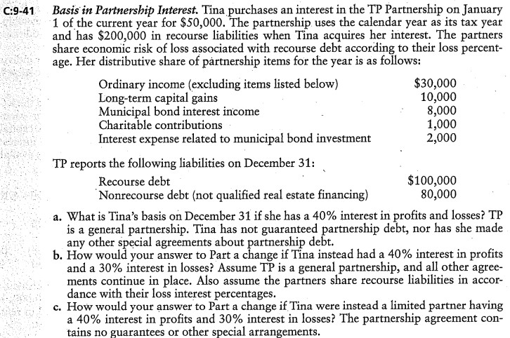 Solved 1 Basis in Partnership Interest. Tina purchases an | Chegg.com