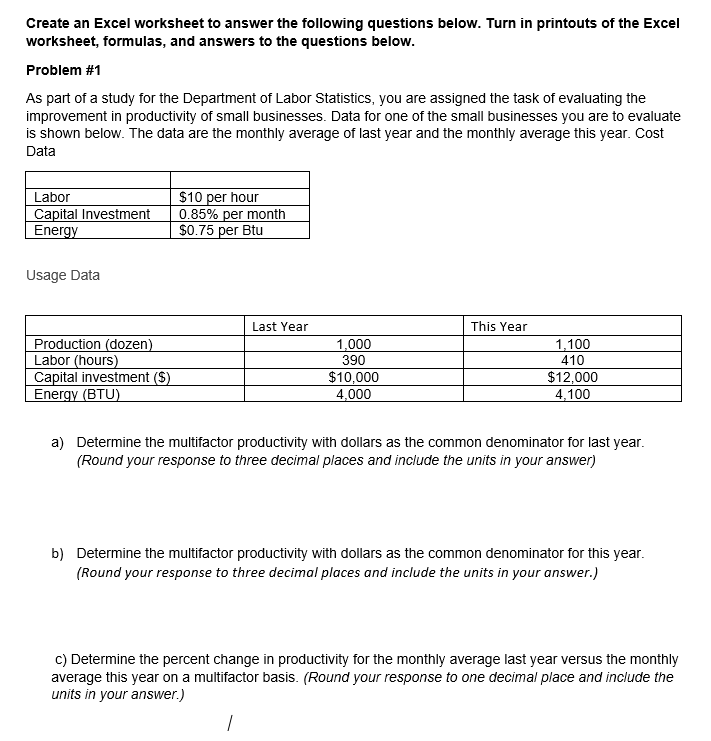 Solved Create an Excel worksheet to answer the following | Chegg.com