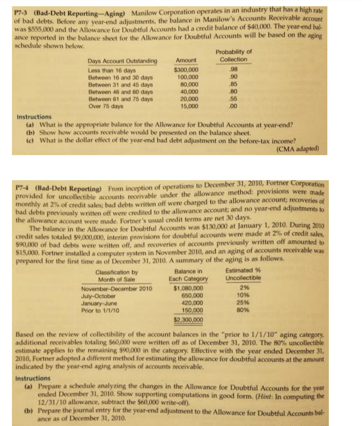 Solved P7-3 (Bad-Debt Reporting-Aging) Manilow Corporation | Chegg.com