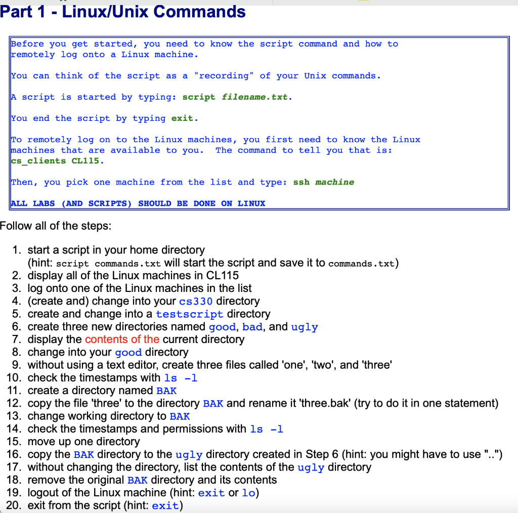 Solved Part 1 - Linux/Unix Commands Before you get started, | Chegg.com