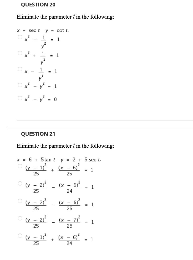 Solved Eliminate the parameter t in the following: | Chegg.com