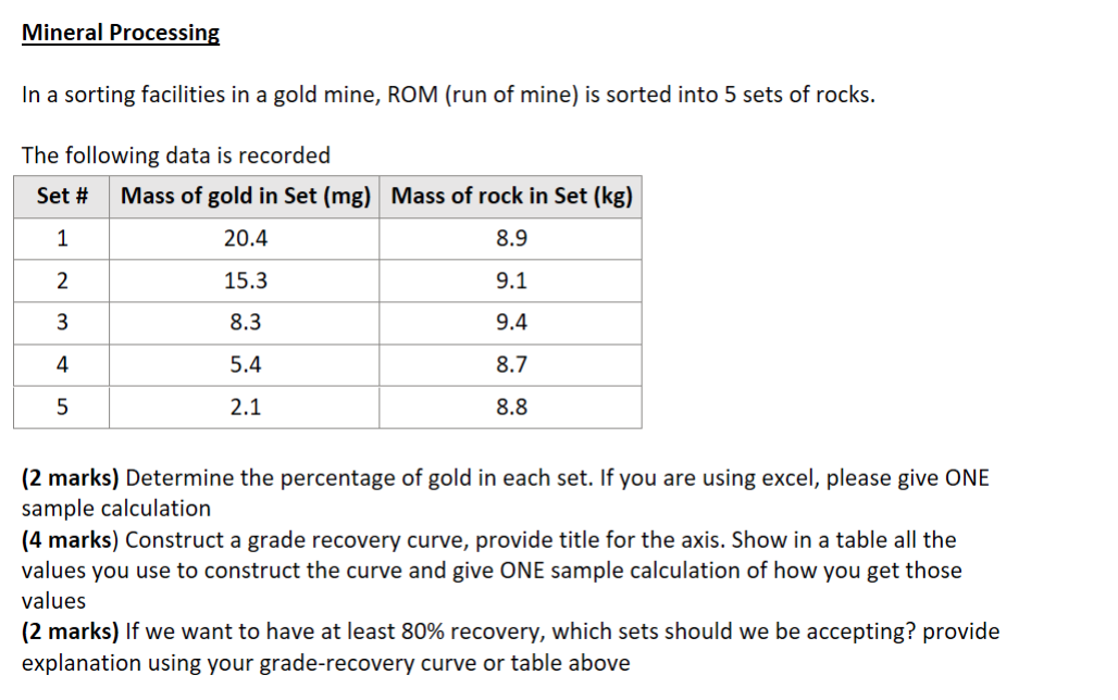 Solved Mineral Processing In a sorting facilities in a gold | Chegg.com
