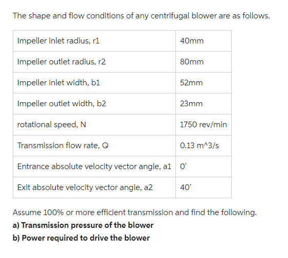 Solved owing. b) Power required to drive the blower | Chegg.com