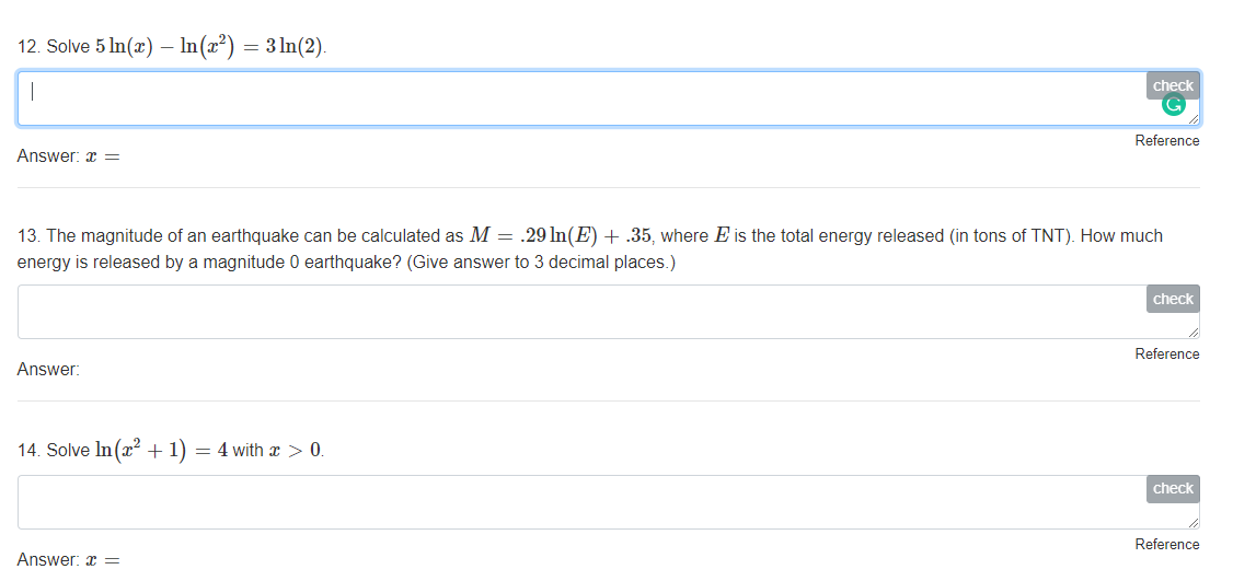 Solved 12. Solve 5 ln(x) In(x2) = 3 ln(2). check Reference | Chegg.com