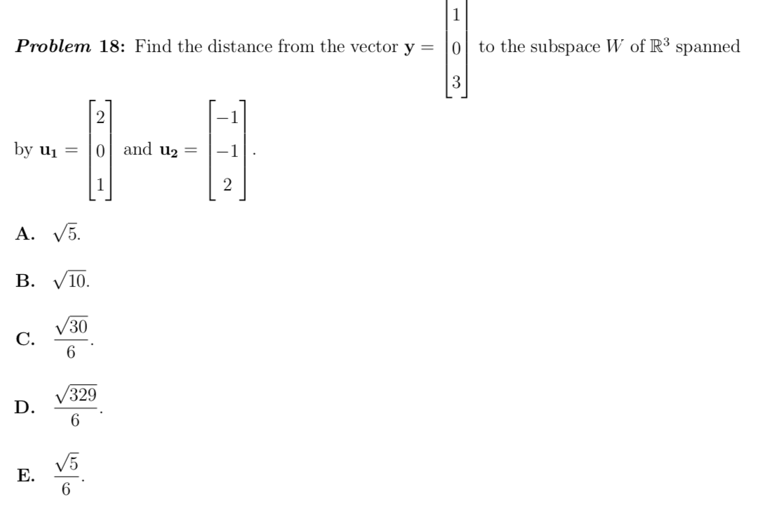 Solved Problem 18: Find the distance from the vector | Chegg.com