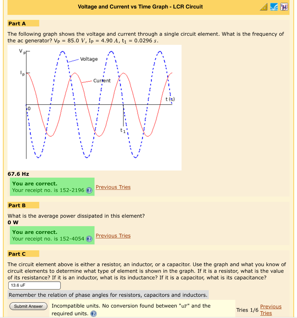 Solved Voltage and Current vs Time Graph - LCR Circuit Part | Chegg.com