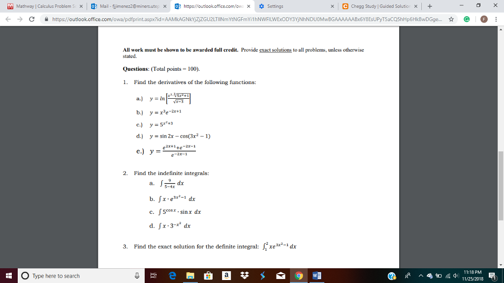 Solved Mathway Calculus Problems O Mail fijmenez2@miner utep | Chegg.com