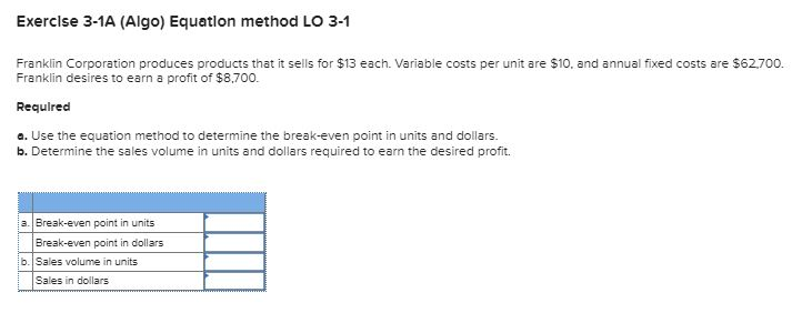 Solved Exercise 3-1A (Algo) Equation method LO 3-1 Franklin | Chegg.com
