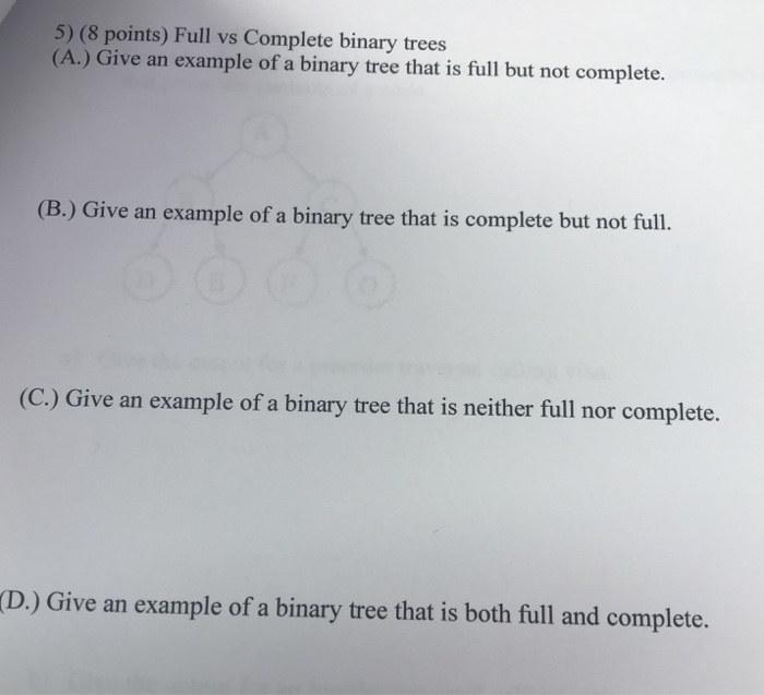 Solved 5) (8 points) Full vs Complete binary trees (A.) Give | Chegg.com