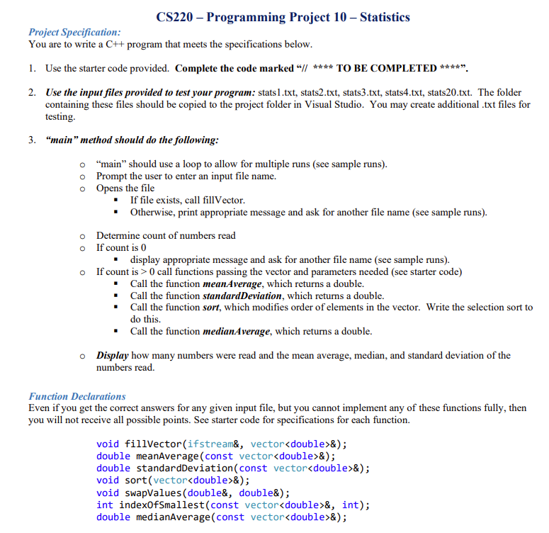 Solved CS220 - Programming Project 10 - Statistics Project | Chegg.com
