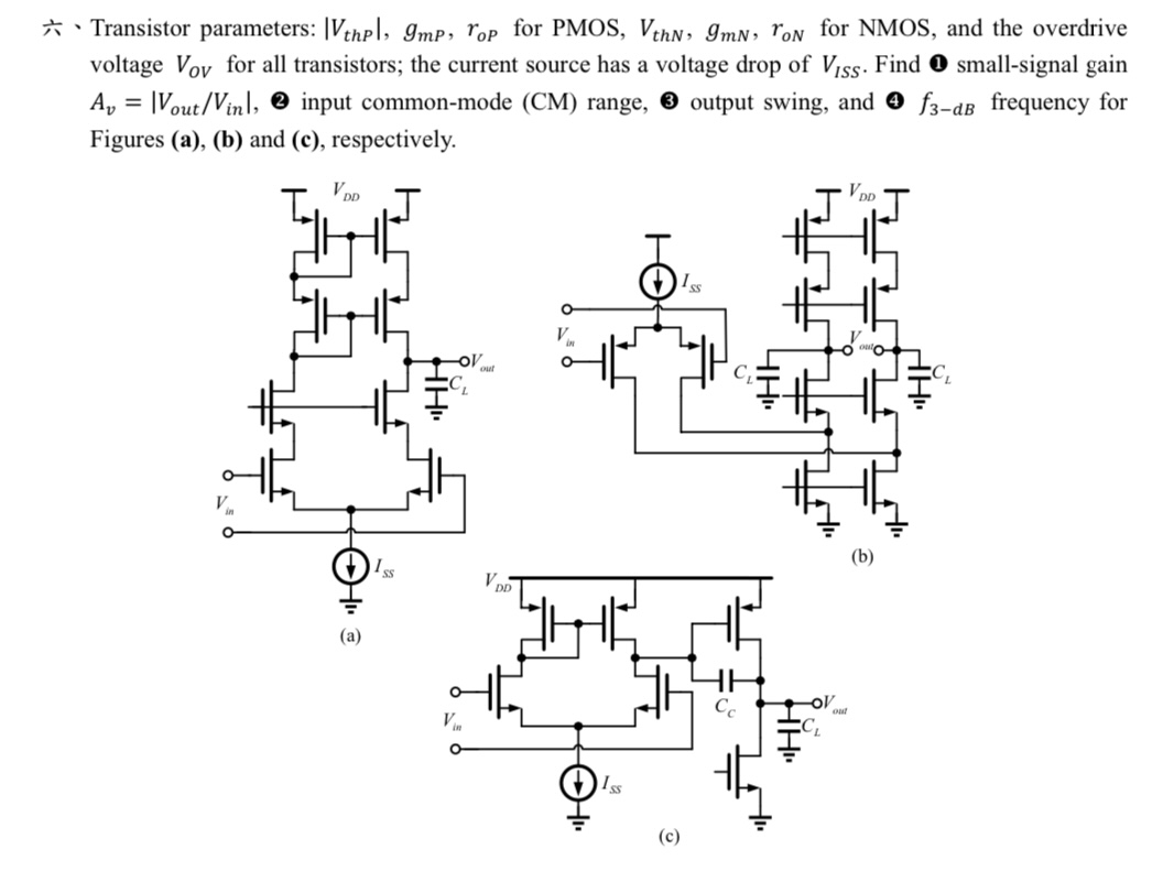 Solved 六、Transistor parameters: |VthP|,gmP,roP ﻿for PMOS, | Chegg.com