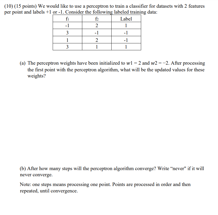 Solved (10) (15 ﻿points) ﻿We would like to use a perceptron | Chegg.com