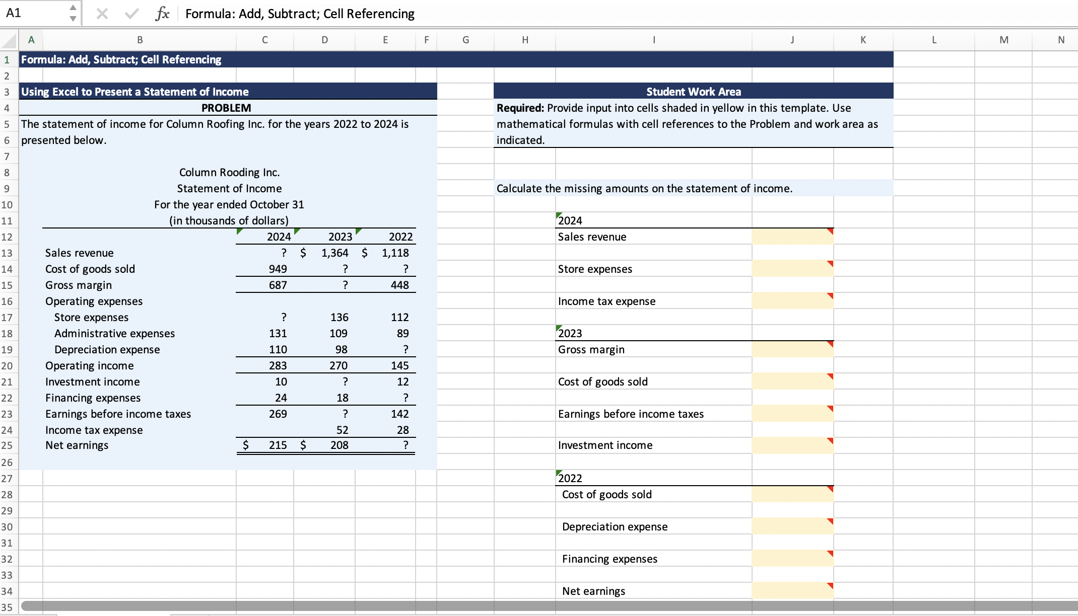 Solved A1 fx Formula: Add, Subtract; Cell Referencing | Chegg.com