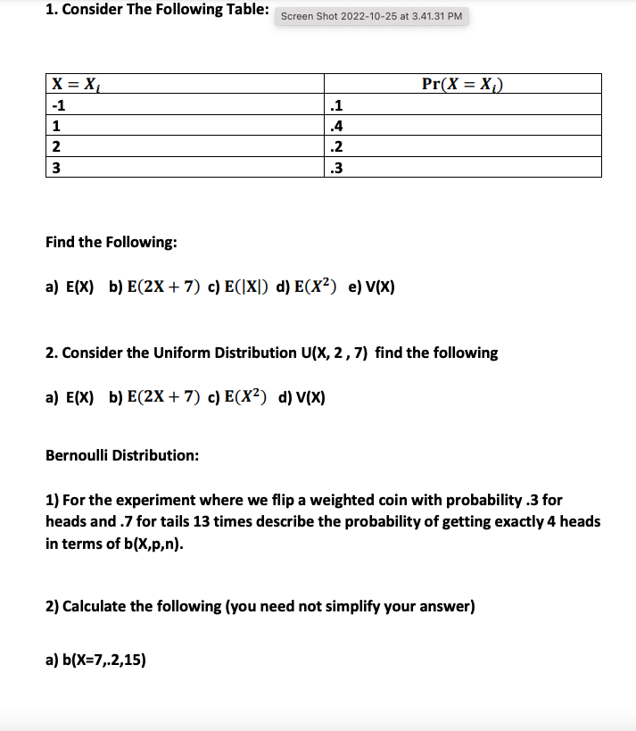 Solved 1. Consider The Following Table: Find the Following: | Chegg.com