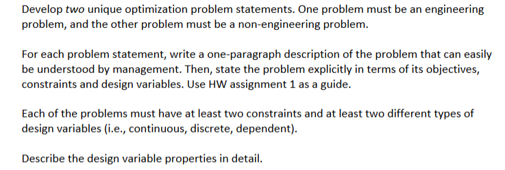 Solved Develop two unique optimization problem statements. | Chegg.com
