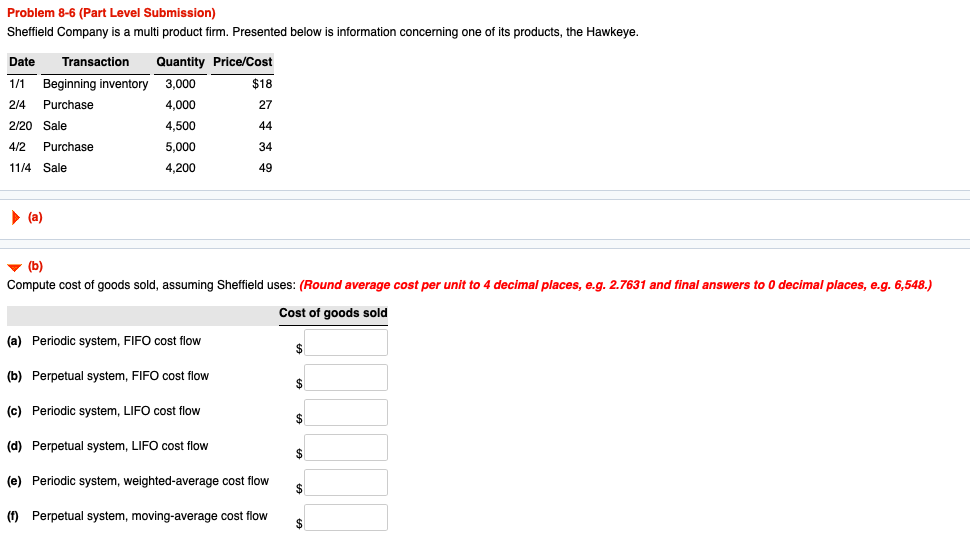 Solved Problem 8-6 (Part Level Submission) Sheffield Company | Chegg.com