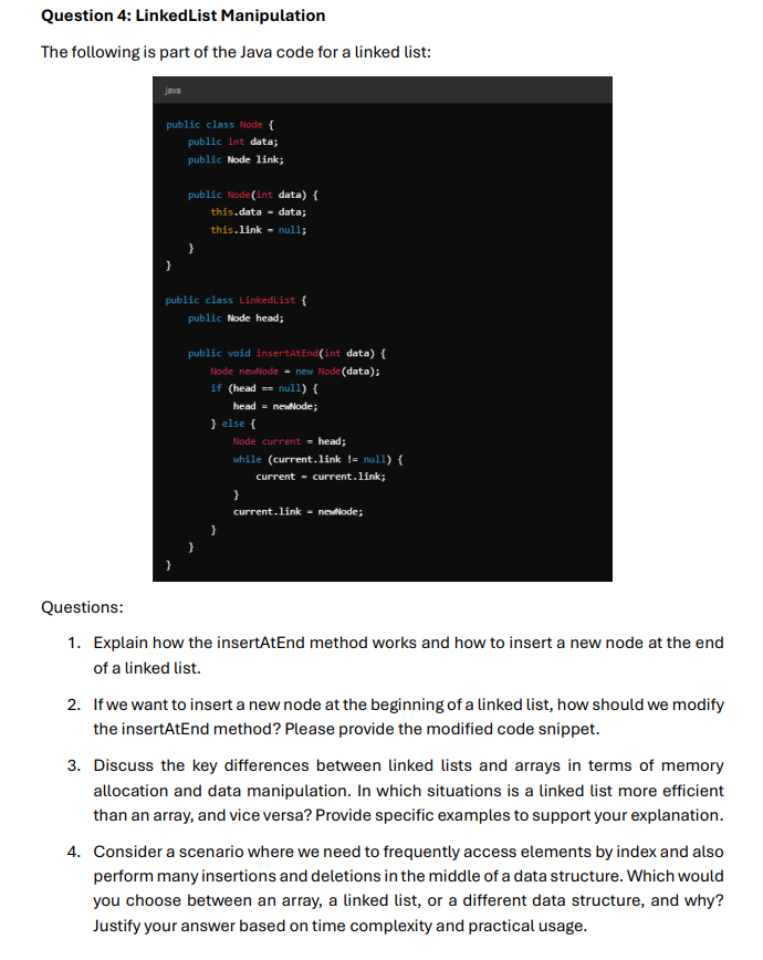 Solved Question 4: LinkedList ManipulationThe following is | Chegg.com