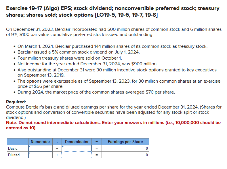 Solved Exercise 19-17 (Algo) EPS; stock dividend; | Chegg.com