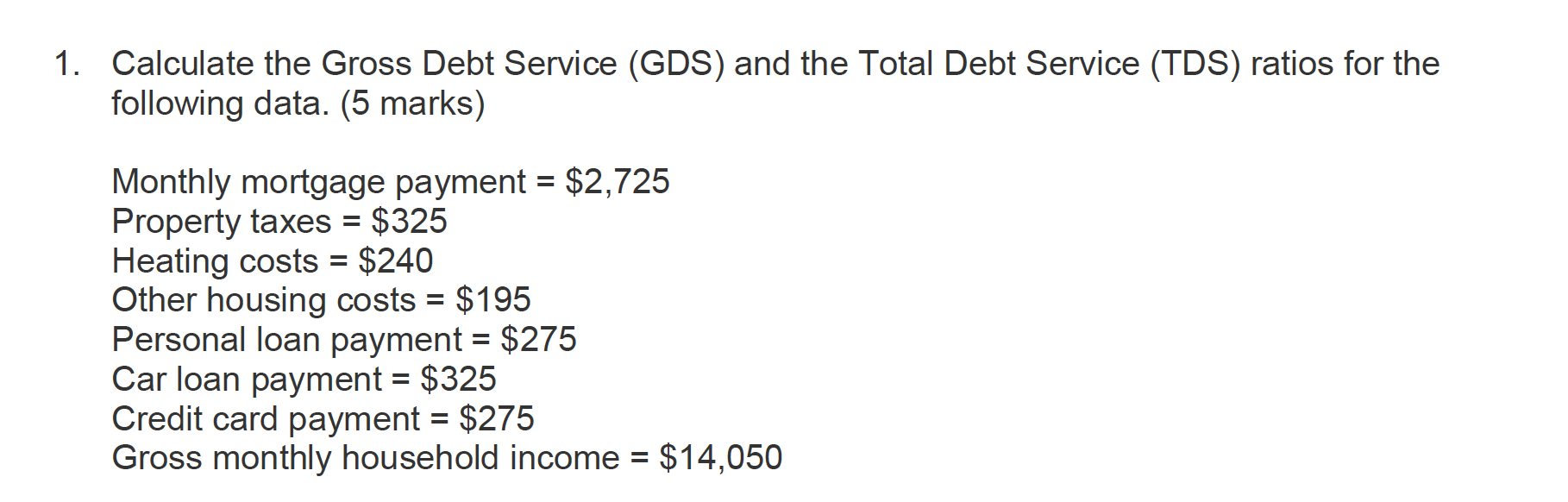 Solved 1. Calculate the Gross Debt Service (GDS) and the | Chegg.com
