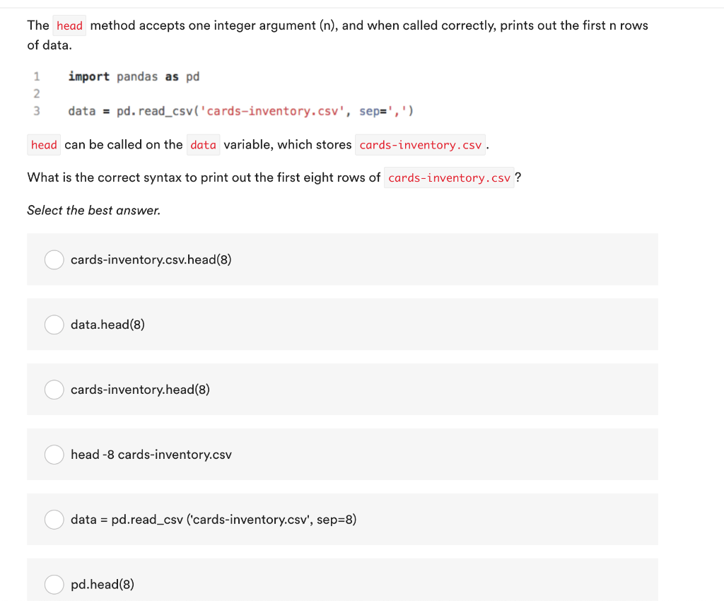 Solved The head method accepts one integer argument (n), and | Chegg.com